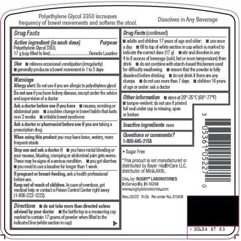 Rugby Peg 3350 Osmotic Laxative Powder 8 3 Oz Sugar Free Grit Free