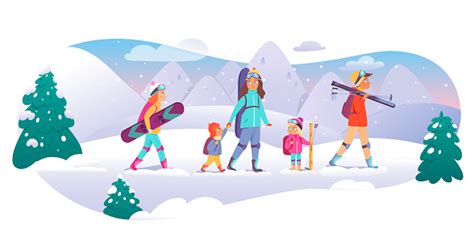 가족 스키어 세트 벡터 일러스트 레이 션 스키 리조트에서 겨울 방학을 보내는 아버지 어머니 딸 아들의 만화 초상화 스키와 스노