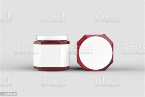 항아리에 딸기 잼에 격리 된 부드러운 회색 배경과 흰색 라벨을 비웃는 다 3 차원 일러스트 레이 션 0명에 대한 스톡 사진 및 기타 이미지 Istock