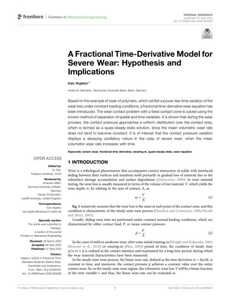 Pdf A Fractional Time Derivative Model For Severe Wear Hypothesis And Implications