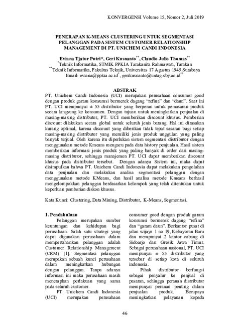 Pdf Penerapan K Means Clustering Untuk Segmentasi Pelanggan Pada Sistem Customer Relationship