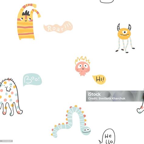 레터링 몬스터 할로윈 원활한 패턴 간단한 손으로 그린 스칸디나비아 스타일의 귀여운 만화 캐릭터 벡터 유치한 재미있는 낙서 일러스트레이션 아기 옷 직물 직물 0명에 대한 스톡