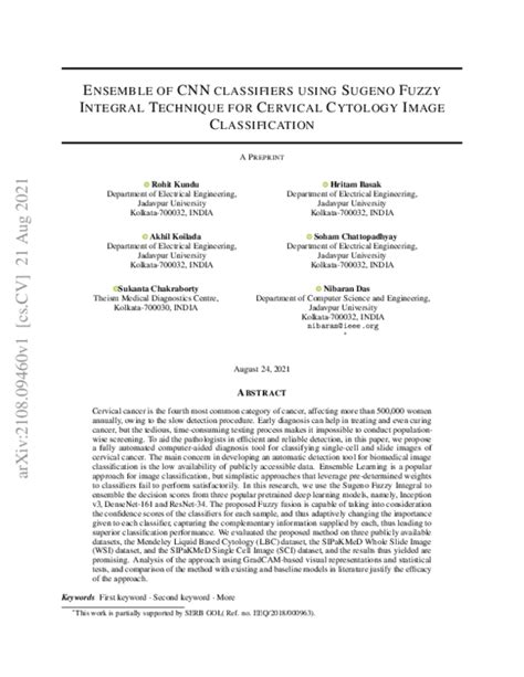Pdf Ensemble Of Cnn Classifiers Using Sugeno Fuzzy Integral Technique For Cervical Cytology
