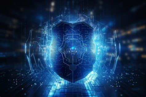 Digital Cyber Security Concept Shield On Circuit Board Background With Blue Lights Abstract