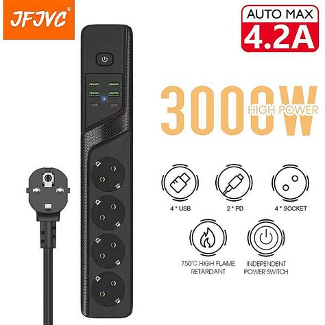 Универсален разклонител с 3 гнезда 4 2А 4 Usb порта и 2 Type C портала 3000w Power Socket Bkl
