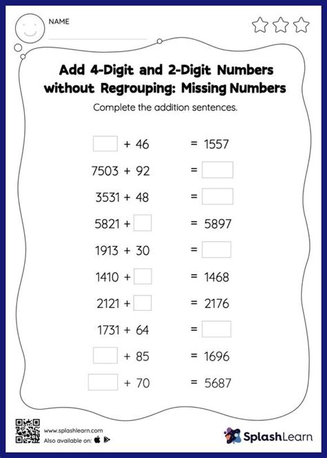 Add 4 Digit And 2 Digit Numbers Without Regrouping Missing Digits Math Worksheets Splashlearn