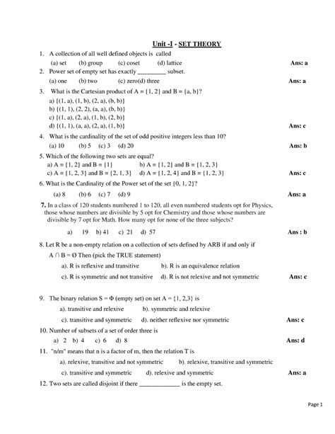 MAB T MCQ Set Theory Unit I SET THEORY A Collection Of All Well Defined Objects Is