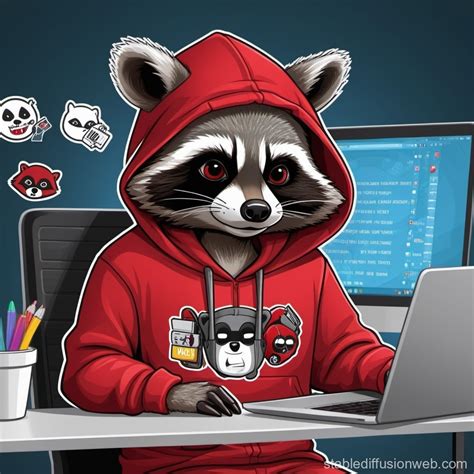 A Cartoon Racoon Wearing A Red Hoodie Hacker In Front Of A Laptop With