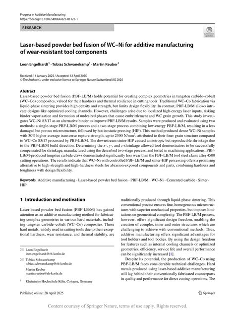 Laser Based Powder Bed Fusion Of Wcni For Additive Manufacturing Of Wear Resistant Tool Components