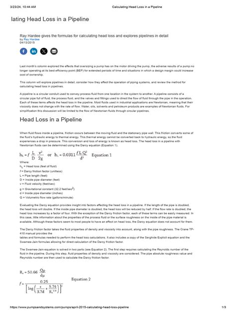 Calculating Head Loss In A Pipeline Pdf Pump Fluid Dynamics