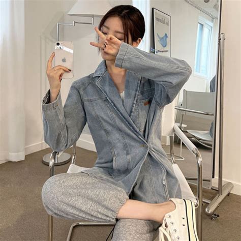 마마시타 어깨패드물빠짐x 젠 데님 버튼 카라 블레이저 자켓