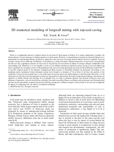 Pdf 3d Numerical Modeling Of Longwall Mining With Top Coal Caving