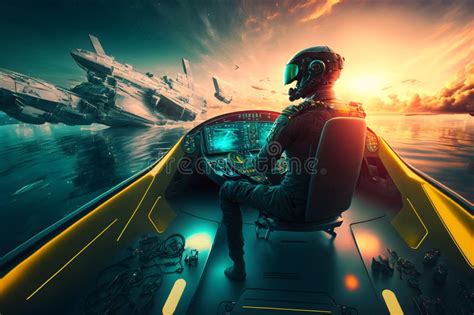 Ship Captain On A Modern Futuristic Boat Transport At Sea Neural Network Generated Art Stock