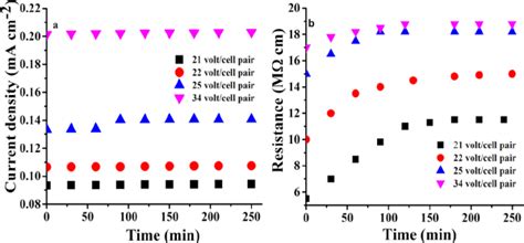 A Current Density Vs Time Plots And B Resistance Vs Time Plots Of