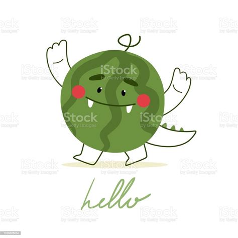 수박과 문구 안녕하세요 플랫 스타일로 귀여운 손으로 그린 프린트 수박의 벡터 일러스트 건강한 식생활에 대한 스톡 벡터 아트 및 기타 이미지 건강한 식생활 과일 귀여운