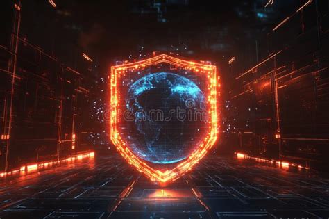 Digital Shield Protecting Global Data With Futuristic Neon Effects Stock Illustration