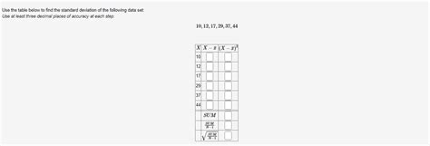 solved use the table below to find the standard deviation of