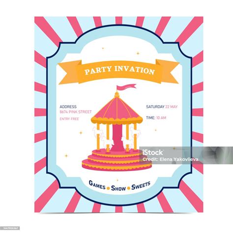 회전 목마가있는 분홍색 서커스 스타일의 생일 파티 초대장 파티 복고풍에 대한 스톡 벡터 아트 및 기타 이미지 복고풍 포스터 0명 Istock