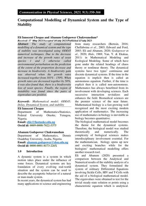 Pdf Computational Modelling Of Dynamical System And The Type Of Stability