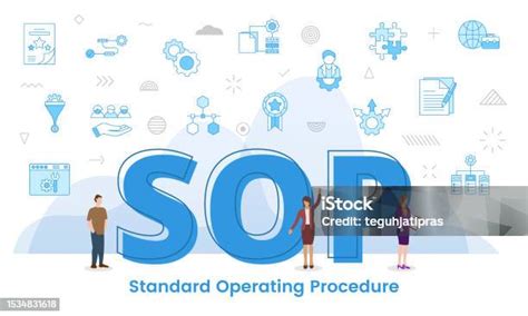 큰 단어와 파란색 스타일의 관련 아이콘으로 둘러싸인 사람들이 있는 Sop 표준 운영 절차 개념 기술에 대한 스톡 벡터 아트 및