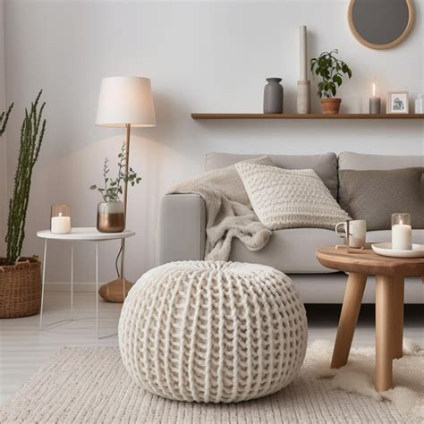 Premium Photo Knitted Pouf Near White Fabric Sofa With Blanket And Terra Cotta Pillows