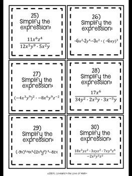 Exponents Task Cards Simplifying Expressions Set Difficult