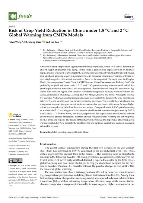 Pdf Risk Of Crop Yield Reduction In China Under 1 5 °c And 2 °c Global Warming From Cmip6 Models