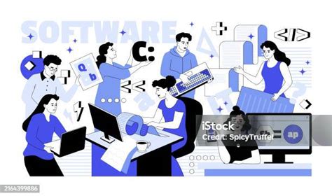 소프트웨어 기술 비즈니스 팀 작업 프로그래머 및 코더 캐릭터 개발자 팀워크 젊은 기술 사무실 컴퓨터 프로그램 개발 프로젝트 관리