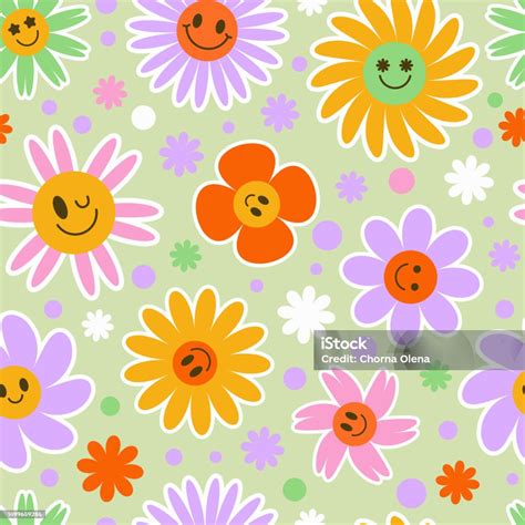 그루비 플라워 원활한 패턴 Y2k 꽃무늬 미소 배경 재미있는 얼굴로 만화 복고풍 데이지 프린트 벡터 트렌디한 미적 그림입니다