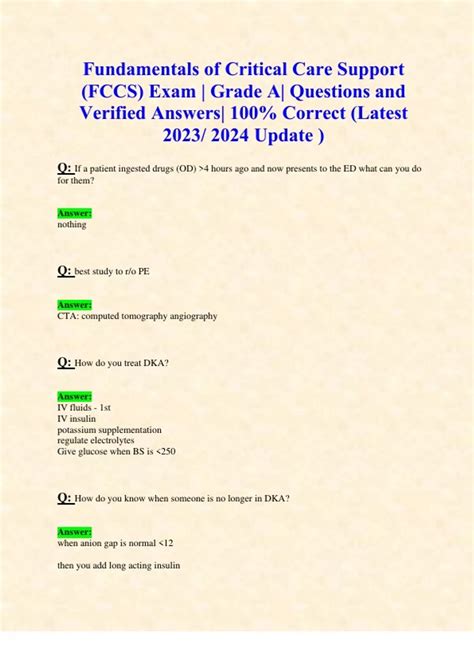 Fundamentals Of Critical Care Support FCCS Exam Grade A Questions And Verified Answers