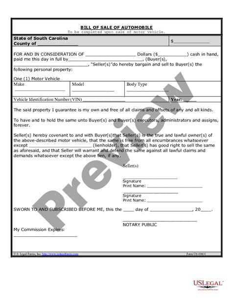 South Carolina Bill Of Sale Of Automobile And Odometer Statement Sc