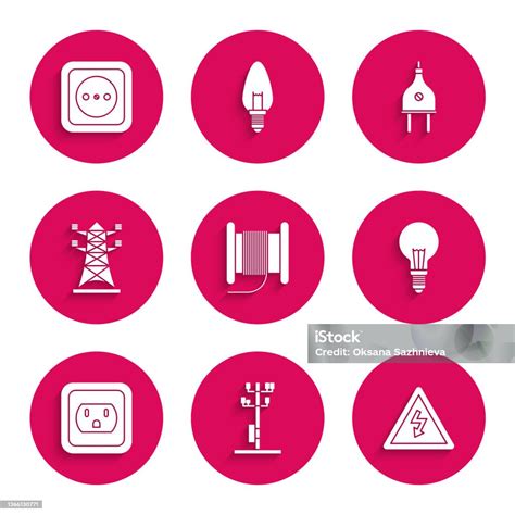 릴 또는 드럼 고전압 전신주 선 기호 아이디어의 개념이있는 전구 전기 콘센트 미국 플러그 및 아이콘에 와이어 전기 케이블을