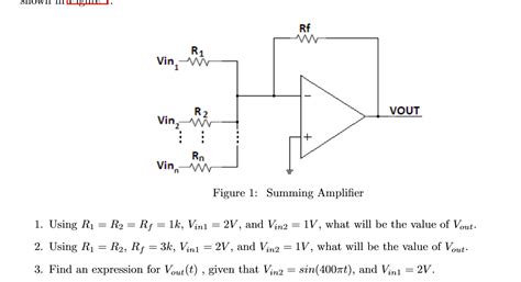 Solved Rf Vin Vout 2 Vin Vin Figure 1 Summing Amplifier 1