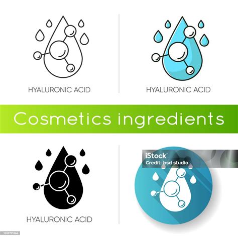 히알루론산 아이콘 수분 공급 화학 포뮬러 주름을 방지하기 위해 콜라겐 노화 방지 효과 한국 화장품 성분 리니어 블랙 및 Rgb 색상 스타일 격리된 벡터 그림 개념에 대한