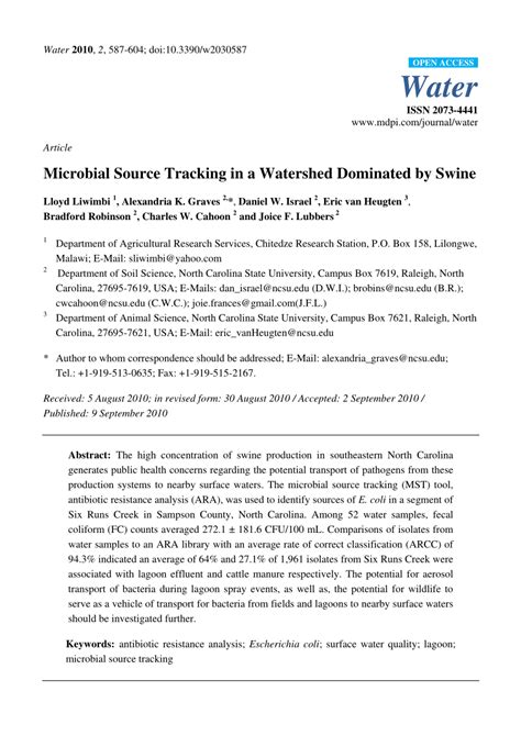 Pdf Microbial Source Tracking In A Watershed Dominated By Swine