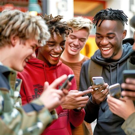 Diverse Group Of Jubilant Young Men Interacting With Mobile Devices Premium Ai Generated Image