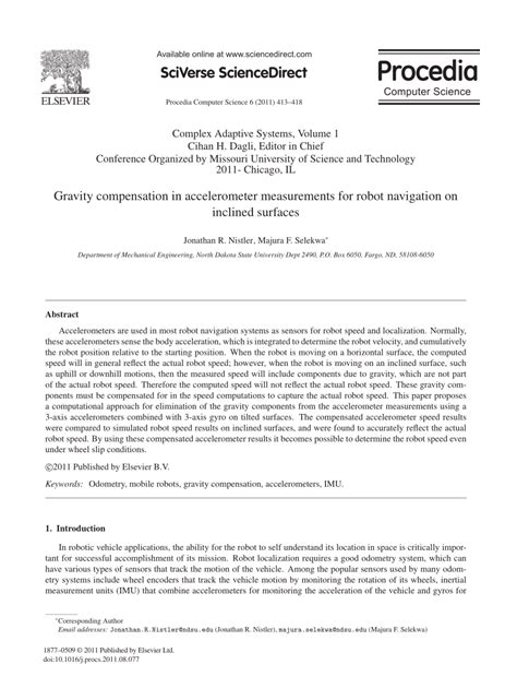 Pdf Gravity Compensation In Accelerometer Measurements For Robot Navigation On Inclined Surfaces