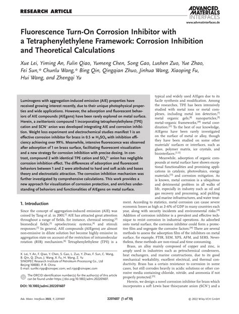 Fluorescence Turn‐on Corrosion Inhibitor With A Tetraphenylethylene
