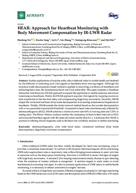 Pdf Hear Approach For Heartbeat Monitoring With Body Movement Compensation By Ir Uwb Radar