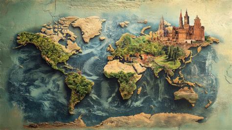 Creative World Map With Photos Of Unique Landscapes Stock Illustration