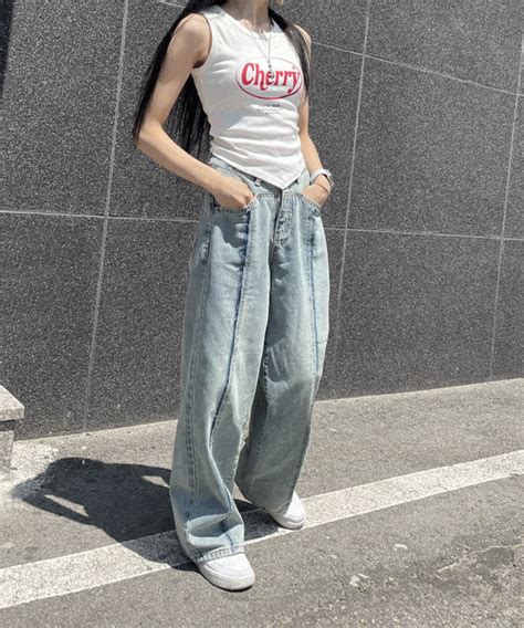 시즌오프재고정리 유니크 흔하지않은 당일배송 컷팅 일자 와이드 연청 데님 롱 팬츠 에이블리