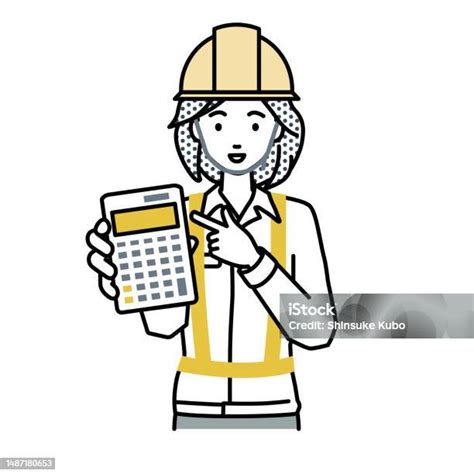 건설 현장에서 일하는 한 여성이 추천하고 제안하고 견적을 보여주고 미소를 지으며 계산기를 가리키고 있다 가리키기에 대한 스톡 벡터 아트 및 기타 이미지 Istock