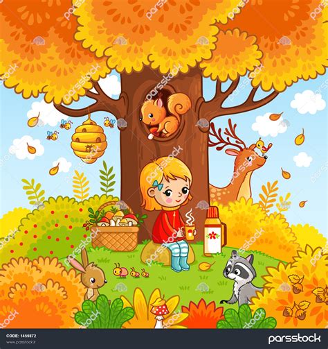 دختری که در جنگل روی یک چای می خورد و می خورد تصویر برداری تابستانی به سبک کارتون 1459872