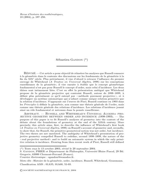 Gandon Russell Et Luniversal Algebra De Whitehead La Geometrie Projective Entre Ordre Et