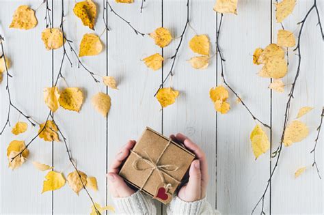 흰색 복고풍 나무 보드에 크래프트 종이 상자에 선물을 포장 하는 여자 나뭇잎 자작 나무 가지 추수 감사절 가을 가을 컨셉 플랫 레이 상단 보기 10월에 대한 스톡 사진 및