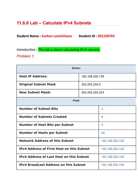 Lab 11 6 6 Assignment Answers 11 6 Lab Calculate IPv4 Subnets Babe Name Sushan