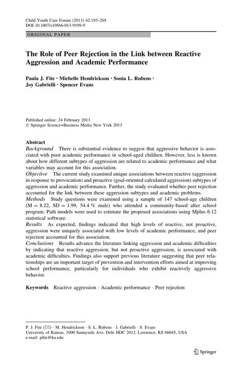 Pdf The Role Of Peer Rejection In The Link Between Reactive Aggression And Academic Performance