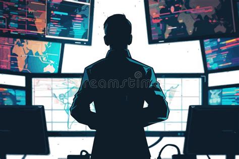 Silhouette Of Hacker In Front Of Multiple Screens Isolated Illustration Stock Vector