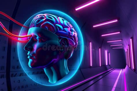Ai Brain With Neon Lights In Futuristic Tunnel Advanced Artificial Intelligence Technology