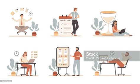 작업 시간 관리 랩톱 컴퓨터 플랫 벡터 일러스트레이션 세트로 작업하는 일정 작업 마감 전략 및 사무실 사용자 경영자에 대한 스톡 벡터 아트 및 기타 이미지 Istock
